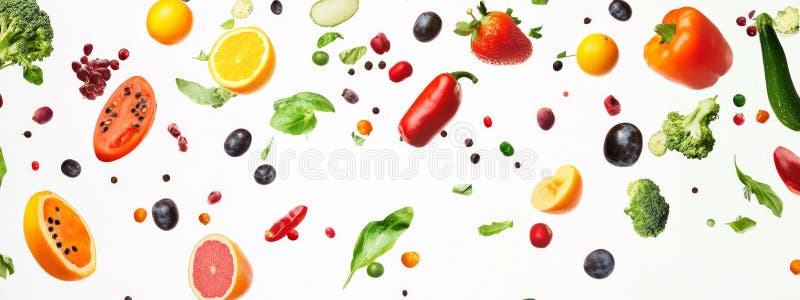 Assorted Fresh Fruits and Vegetables Floating on White Background Stock ...