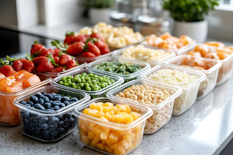 Assorted Fresh Fruits and Vegetables Neatly Arranged in Plastic Containers on a White Kitchen ...