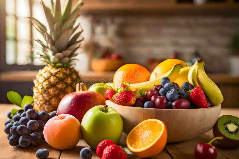 Assorted Fresh Fruits on Wooden Table in Warm Sunlight Stock Image ...