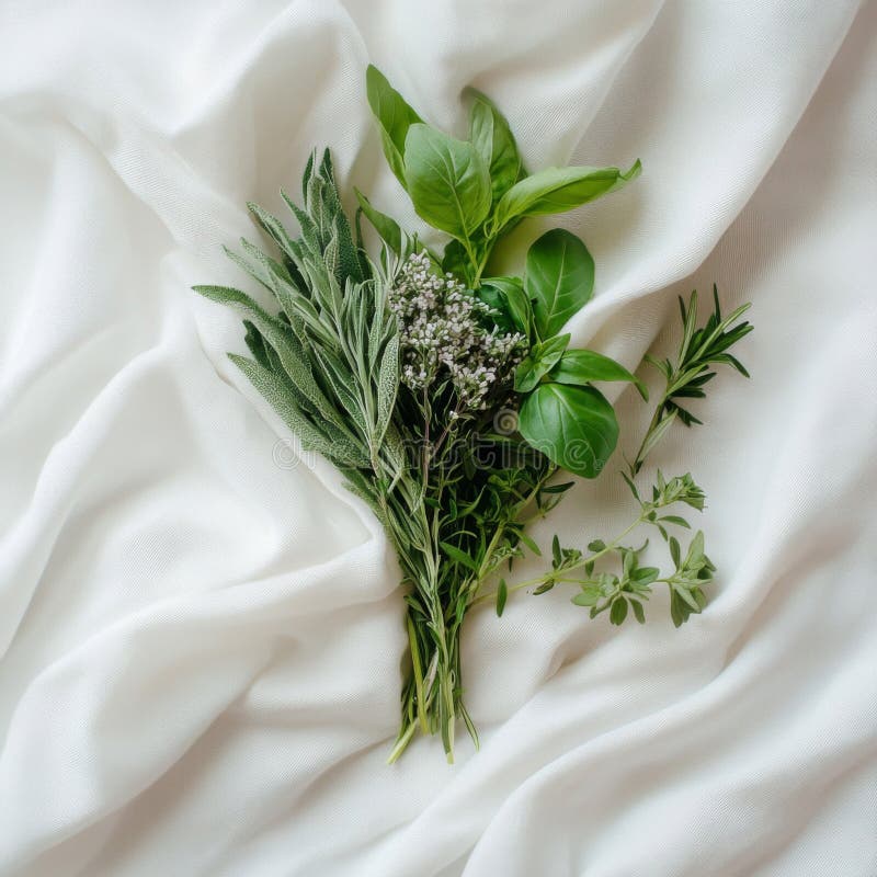 Assorted Fresh Herbs on White Fabric Stock Illustration - Illustration ...