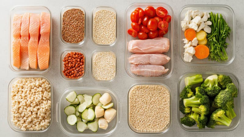 Assorted Fresh Ingredients and Meal Prep Containers on a Flat Surface ...