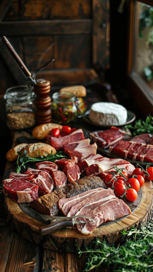 Assorted Fresh Meat Varieties Displayed on a Rustic Wooden Table for ...