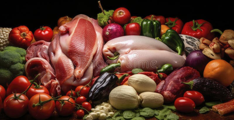 Assorted Fresh Meat and Vegetables on a Rustic Board. Stock Photo ...