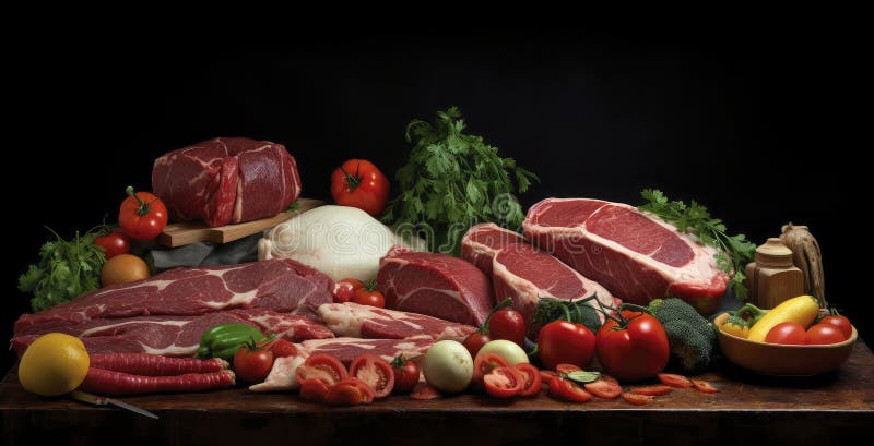 Assorted Fresh Meat and Vegetables on a Rustic Board. Stock Image ...
