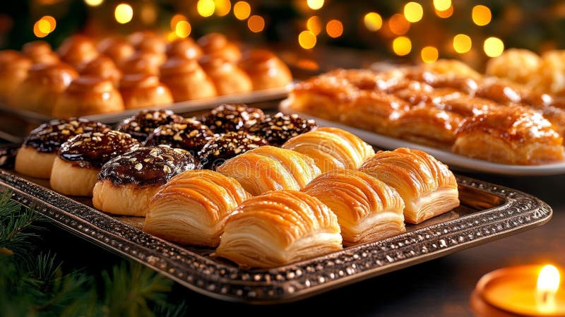Assorted Fresh Pastries Served on a Silver Tray with Sweet Syrup Stock ...