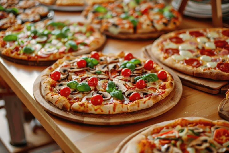 Assorted Fresh Pizzas with Various Toppings on a Wooden Table Stock ...