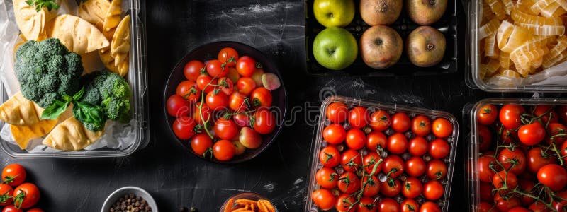 Assorted Fresh Produce and Ingredients on a Dark Surface Stock Photo ...