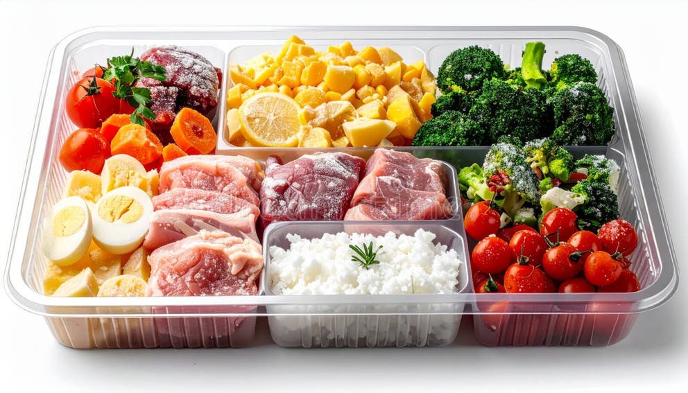 Assorted Fresh Raw Meal Preparation Ingredients in a Plastic Container ...