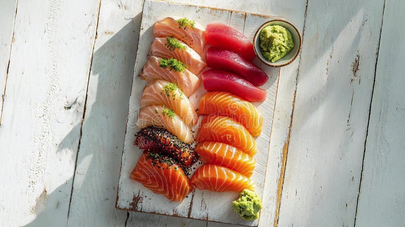 Assorted Fresh Sashimi with Wasabi on Rustic White Board Stock Video ...