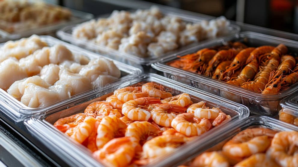 Assorted Fresh Seafood in Clear Containers Stock Illustration ...