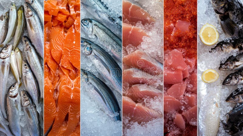 Assorted Fresh Seafood and Fish Cuts on Ice, Featuring Vibrant Colors ...