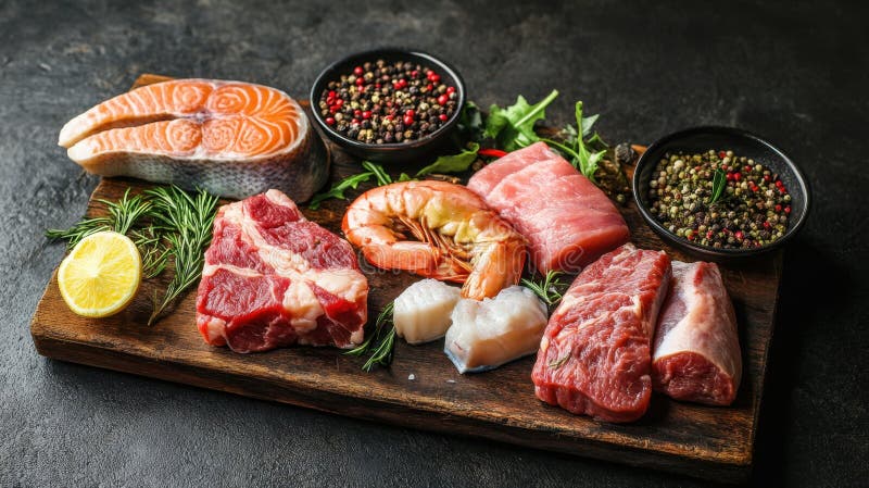 Assorted Fresh Seafood and Meat on a Dark Rustic Background Stock ...