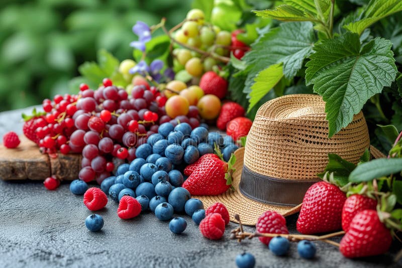 Fresh Summer Berries and Fruit Under a Gentle Waterfall with Green ...
