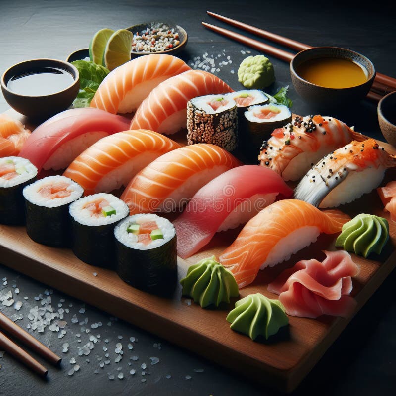 Assorted Fresh Sushi Set on a Dark Table with Condiments, Close-up ...