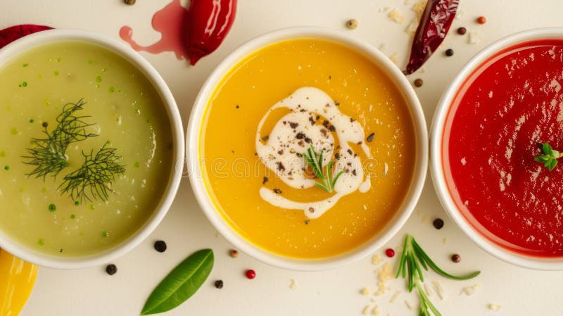 Assorted Fresh Vegetable Soups in Ceramic Bowls Stock Illustration ...