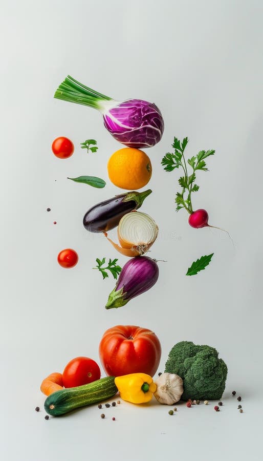 Assorted Fresh Vegetables Floating on White Background, Creating a ...