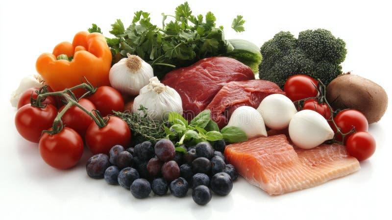 Assorted Fresh Vegetables Fruits and Raw Fish Arranged Aesthetically ...
