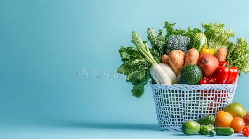 Assorted Fresh Vegetables and Fruits in White Basket on Blue Background ...
