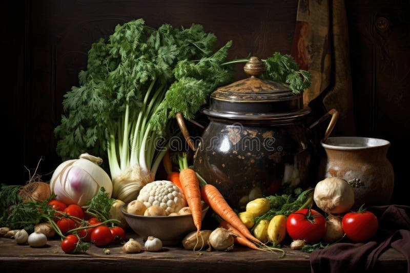 Assorted Fresh Vegetables Next To a Soup Pot Stock Illustration ...