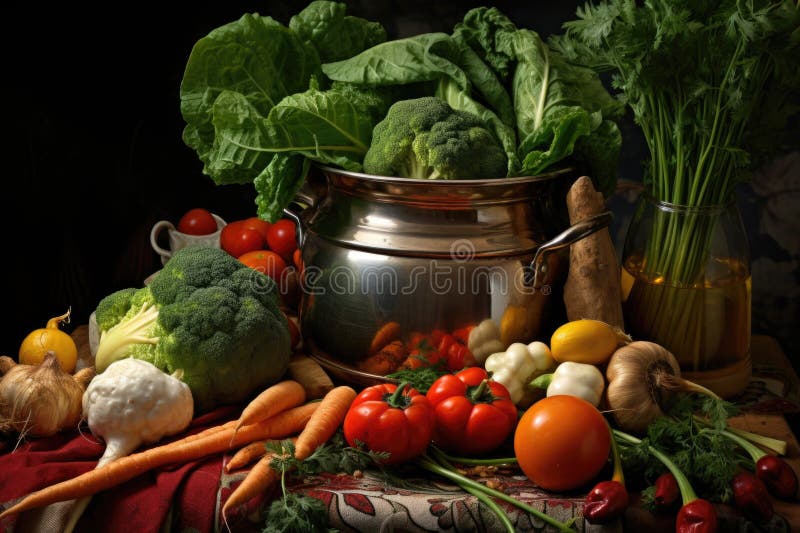 Assorted Fresh Vegetables Next To a Soup Pot Stock Photo - Image of ...