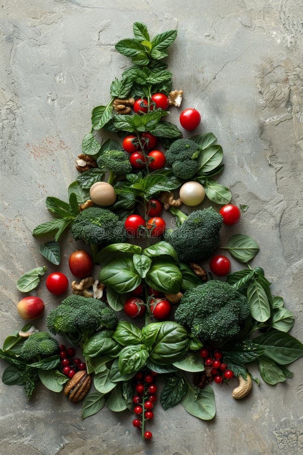 Assorted Fresh Vegetables and Nuts Arranged in a Christmas Tree Shape ...