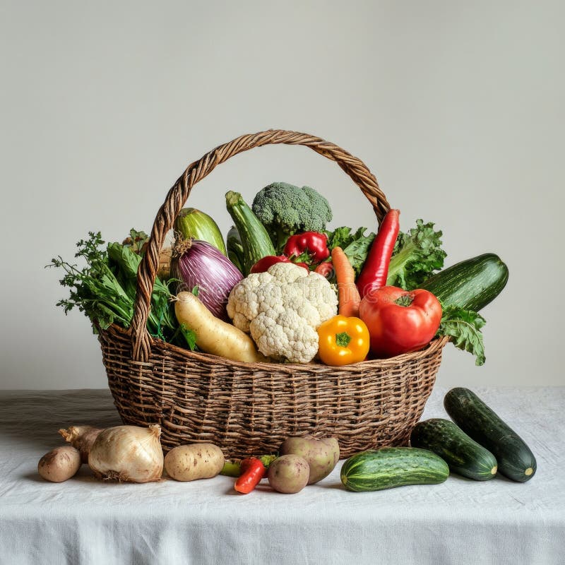 Assorted Fresh Vegetables in Wicker Basket on Table Stock Image - Image ...