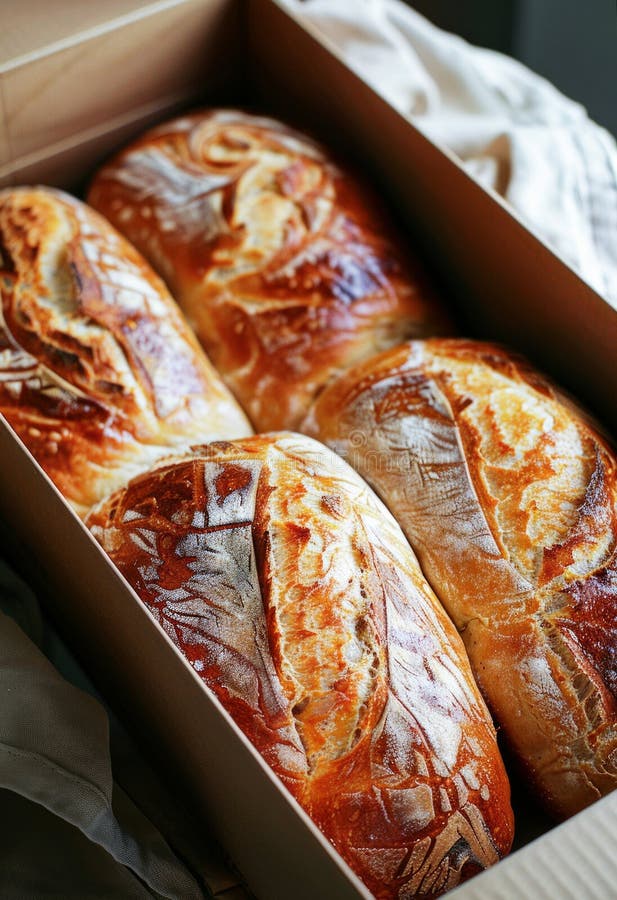 Assorted Freshly Baked Bread in a Cardboard Box, Displaying Various ...