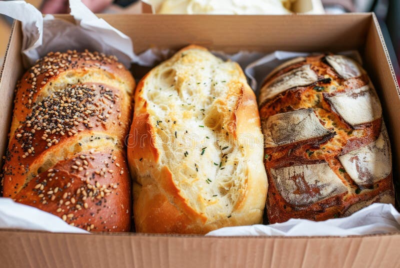 Assorted Freshly Baked Bread in a Cardboard Box, Displaying Various ...