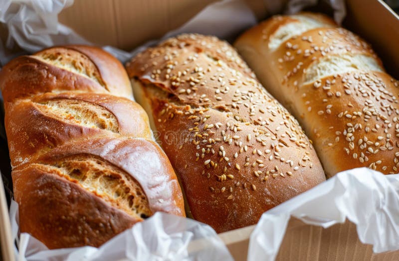 Assorted Freshly Baked Bread in a Cardboard Box, Displaying Various ...