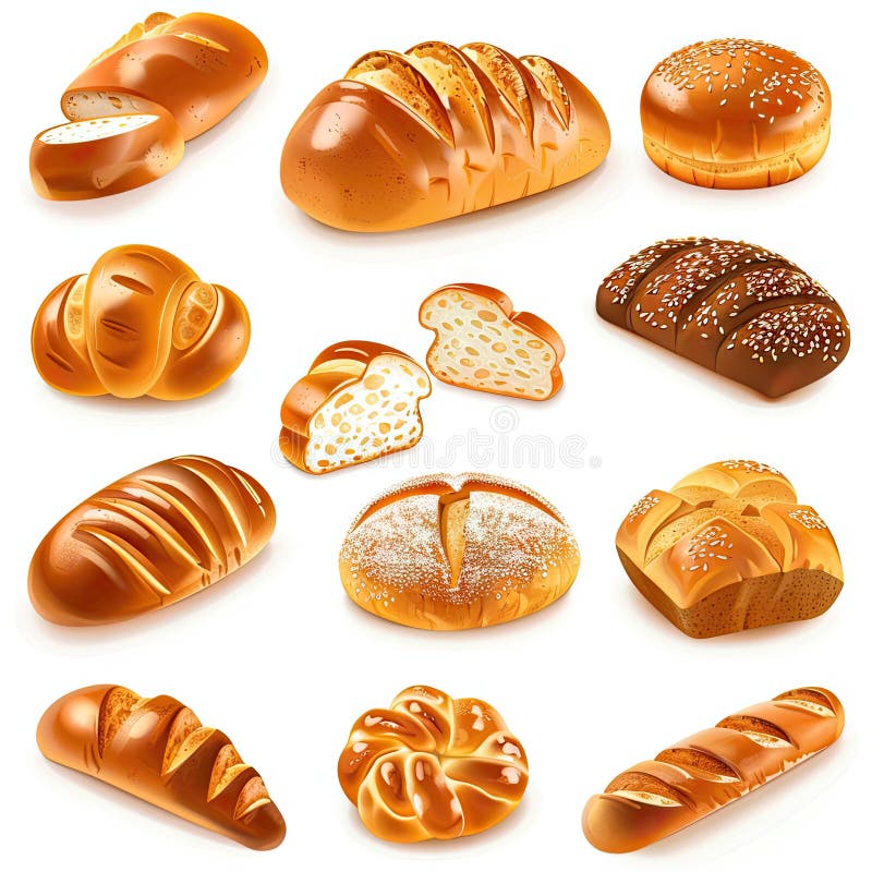 Assorted Freshly Baked Breads Icons Isolated on White Background Stock ...