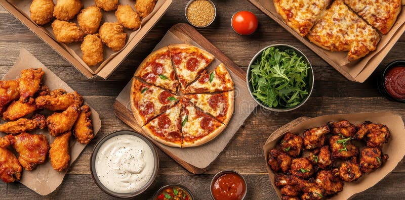 Assorted Fried Chicken Wings, Pizza, and Sauces on a Wooden Table Stock ...
