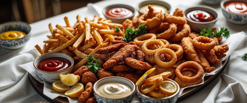 Assorted Fried Food Platter with Dipping Sauces and Garnishes Stock ...