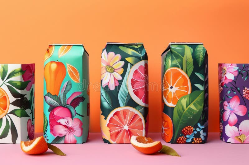 Assorted Fruit Cartons Neatly Arranged in a Row Against a Pink ...