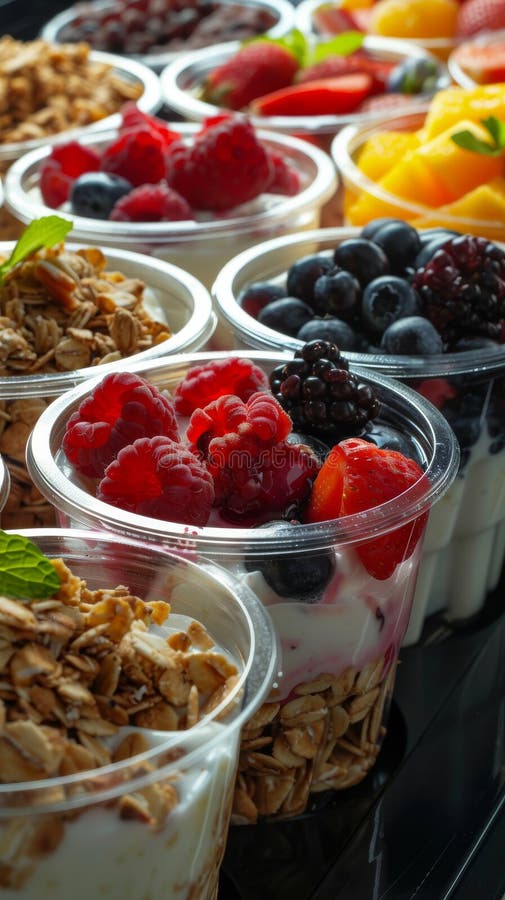 Assorted Fruit and Granola Yogurt Parfaits in Plastic Cups Arranged on ...