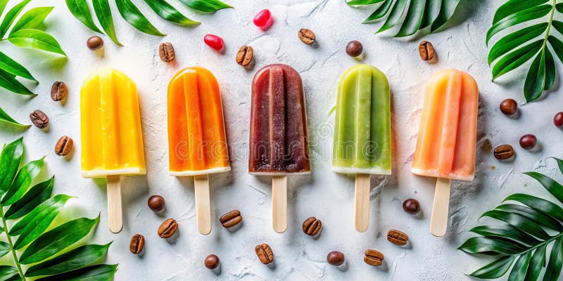 Assorted Fruit Ice Pops Arranged on a Light Surface with Tropical ...