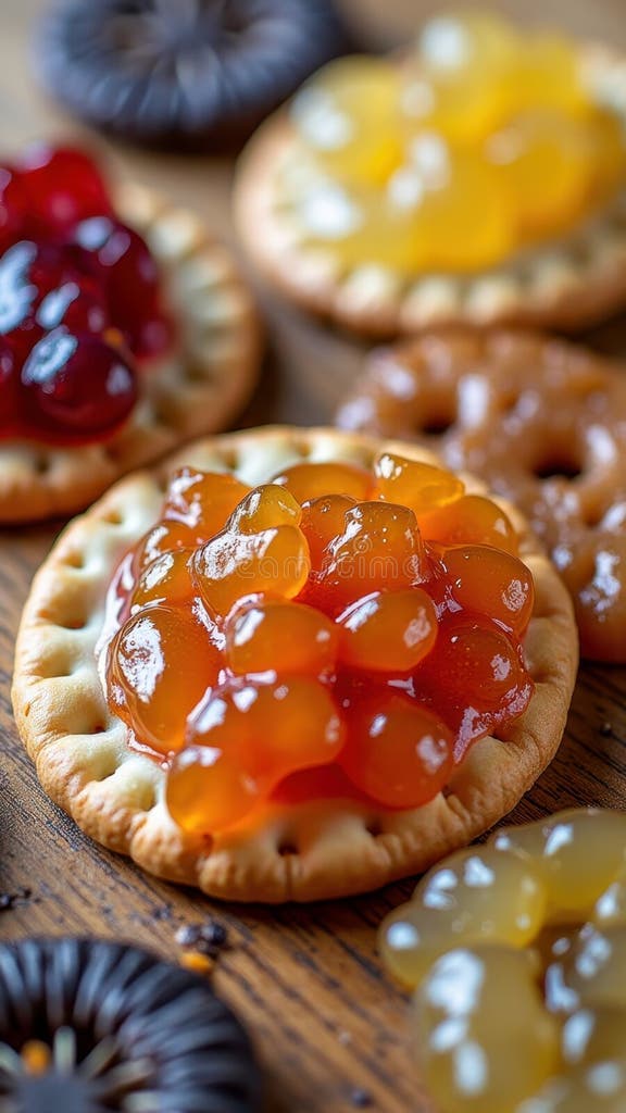 Assorted Fruit Jams on Crackers and Donuts with Vibrant Colors and ...