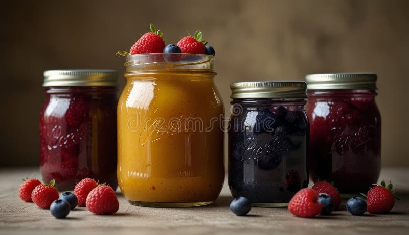 Assorted Fruit Jams in Jars Stock Illustration - Illustration of food ...