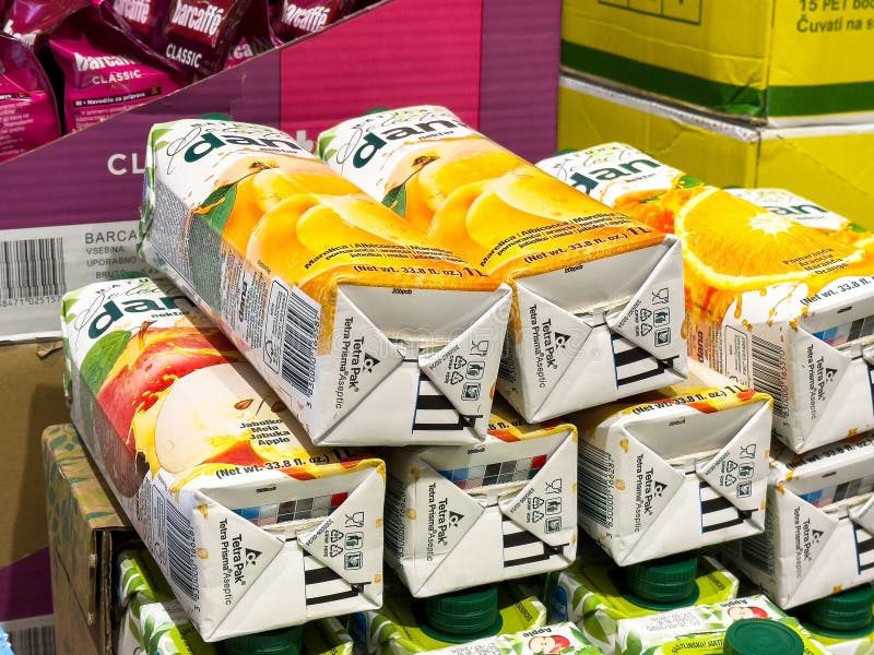 Assorted Fruit Juice Cartons Stacked in Supermarket Aisle Editorial ...