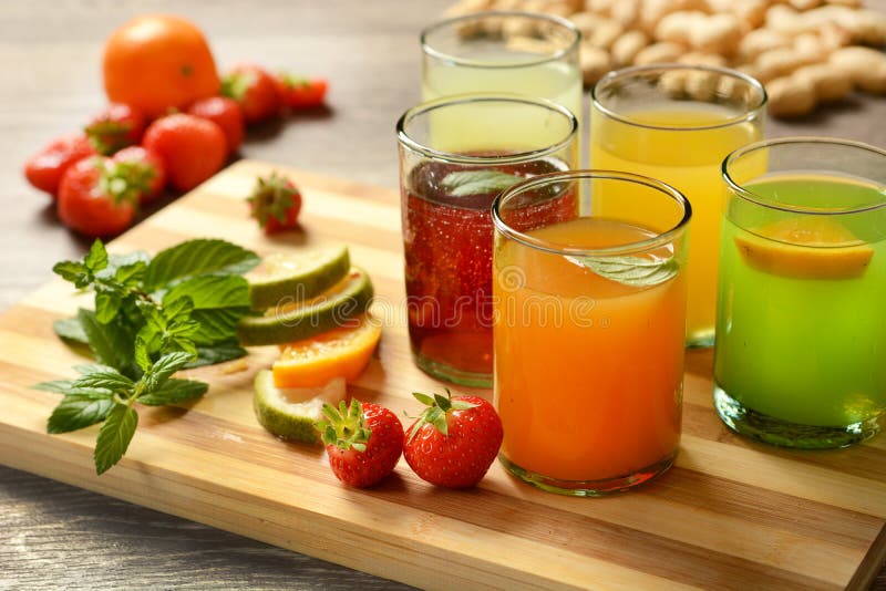 Assorted Fruit Juices with Ingredients Around Stock Photo - Image of ...