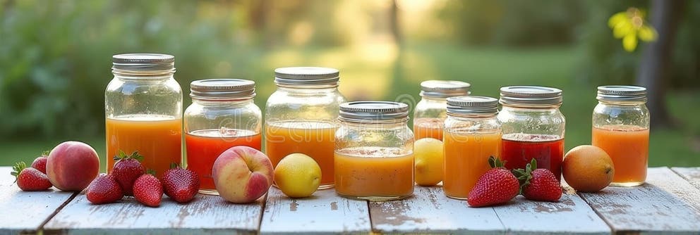 Assorted Fruit Juices in Jars with Fresh Berries and Citrus on Rustic ...