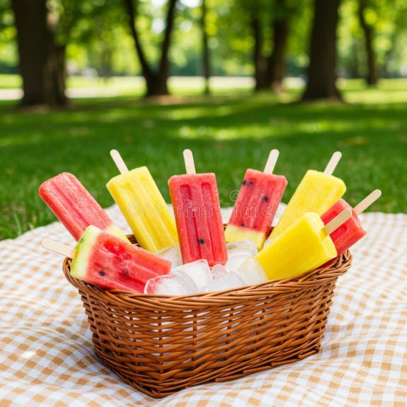Assorted Fruit Popsicles in Wicker Basket on Picnic Blanket Stock ...