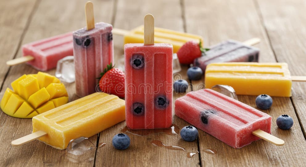 Assorted Fruit Popsicles on Wooden Background Stock Illustration ...
