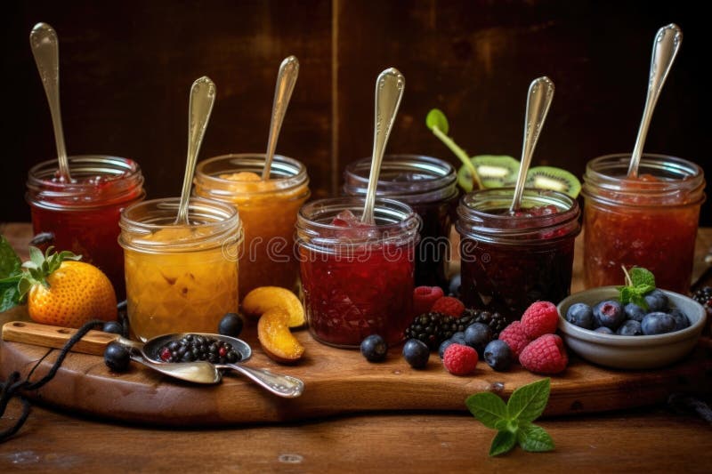 Assorted Fruit Preserves with Vintage Spoons Stock Image - Image of ...