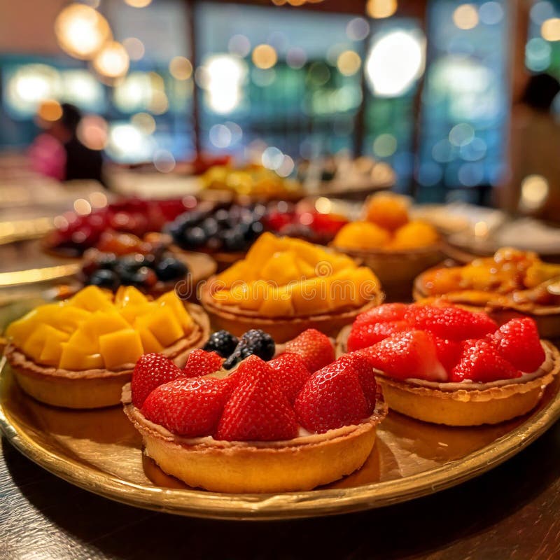 Assorted Fruit Tarts on a Golden Tray â€ a Delightful Dessert Display ...