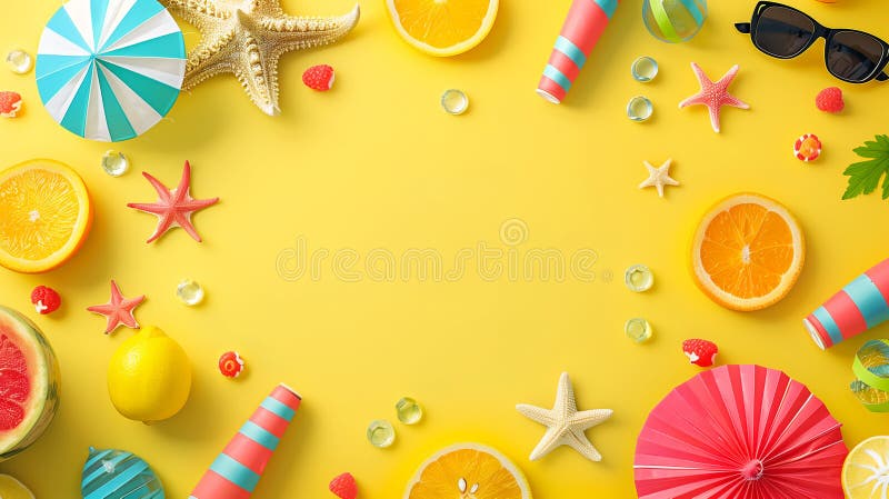 Assorted Fruits and Beach Items Laid Out on a Bright Yellow Backdrop ...