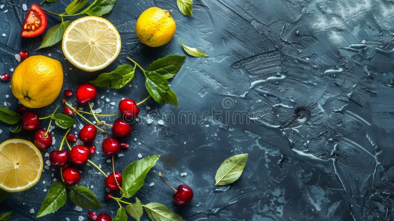 Assorted Fruits and Leaves on Textured Surface Stock Photo - Image of ...