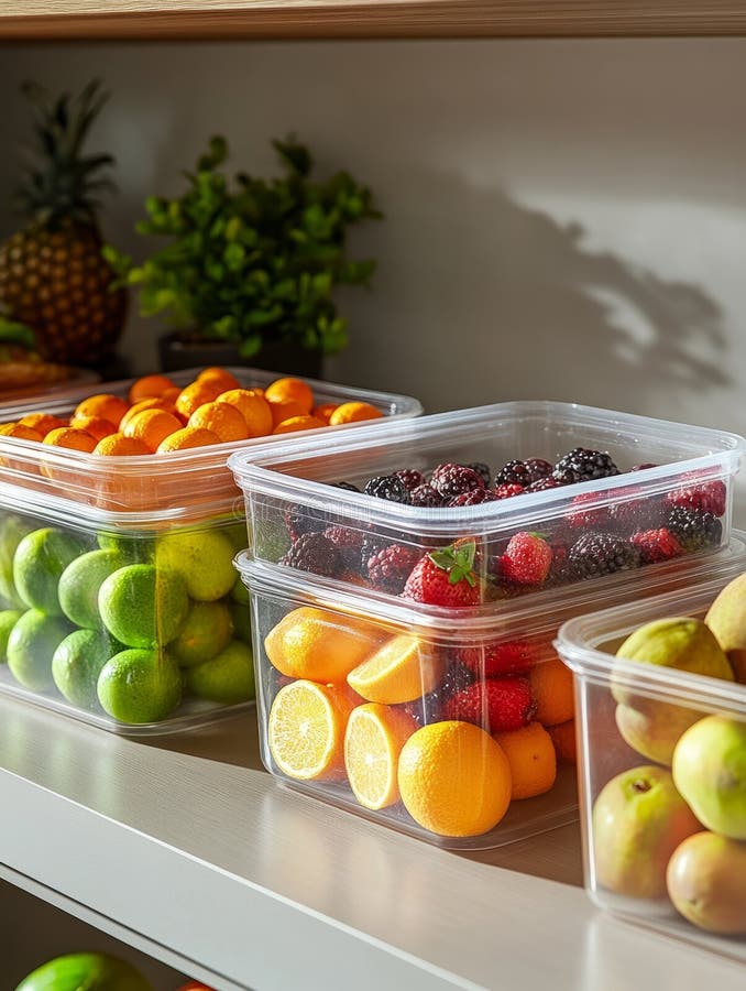 Assorted Fruits in Plastic Containers on a Kitchen Shelf. Stock Photo ...