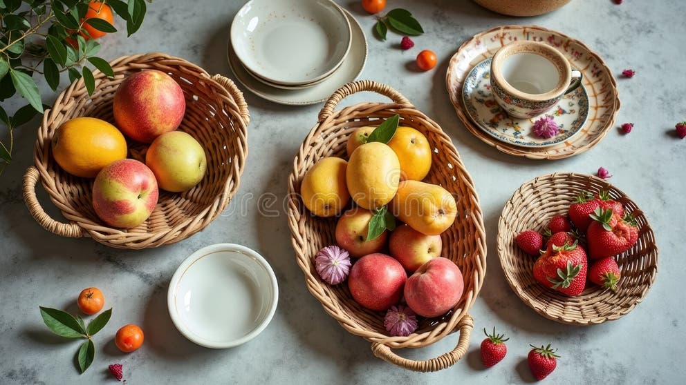 Assorted Fruits and Tea Set on Marble Surface with Woven Baskets Stock ...