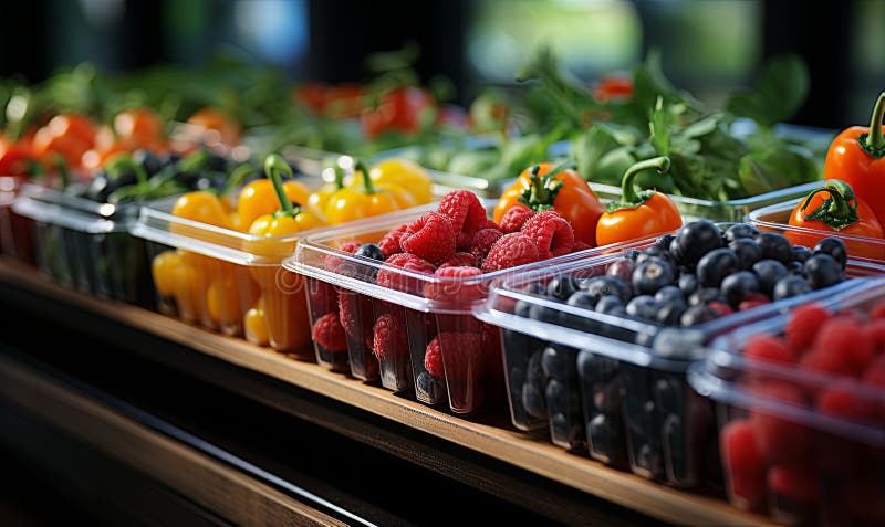 Assorted Fruits and Vegetables in Plastic Containers Stock Photo ...