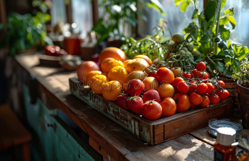 Assorted Fruits and Vegetables on Wooden Table. Stock Illustration ...